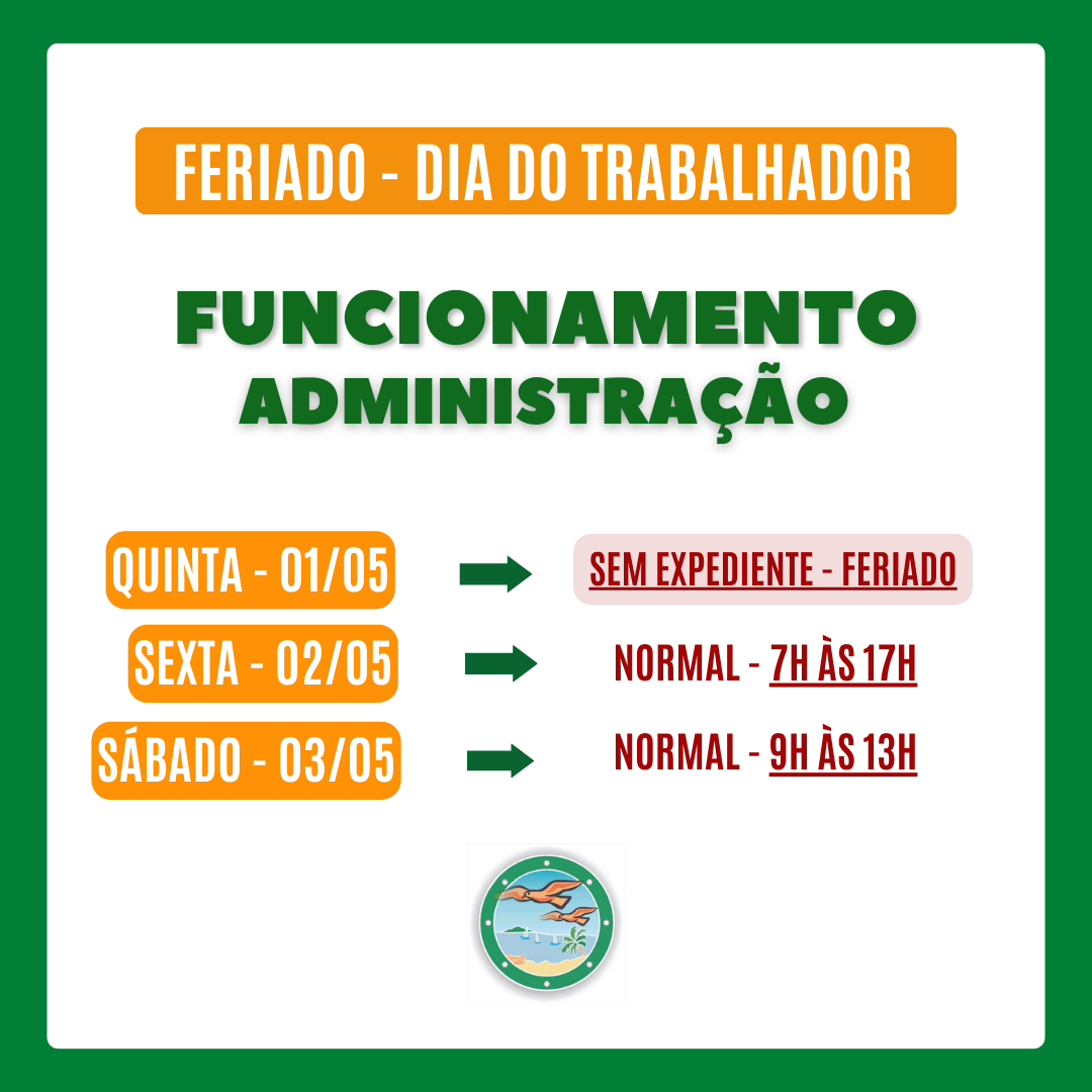 Funcionamento do CDP - feriado 1º de maio - Condomínio dos Pássaros